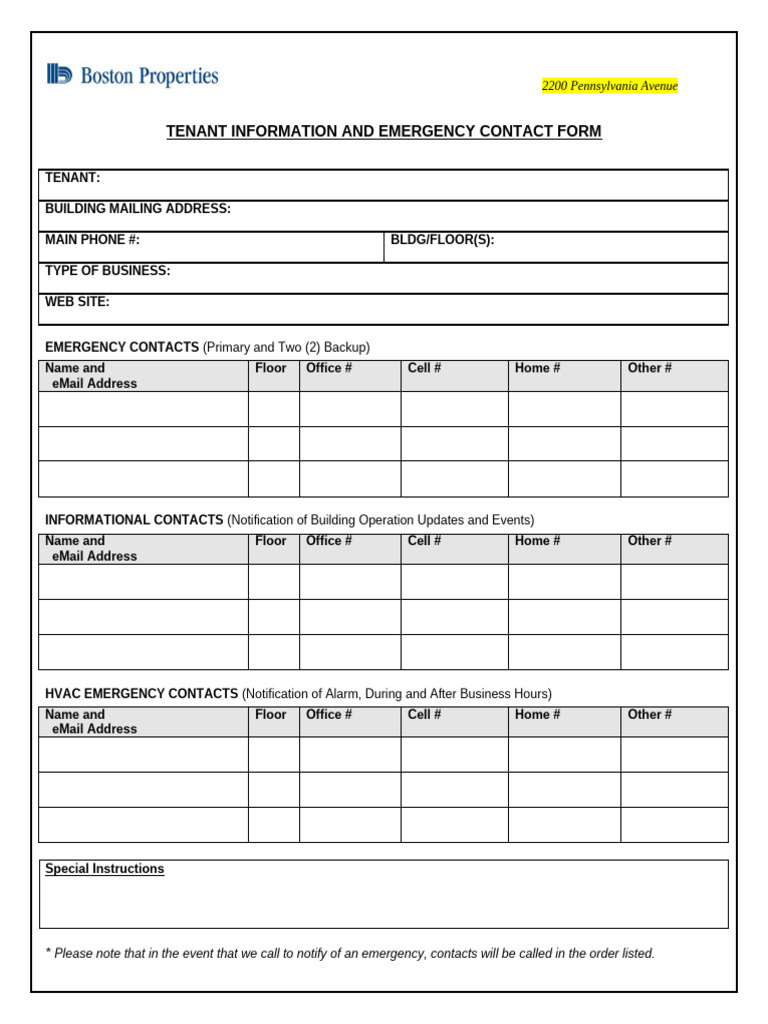 Tenant Information and Emergency Contact Form | PDF
