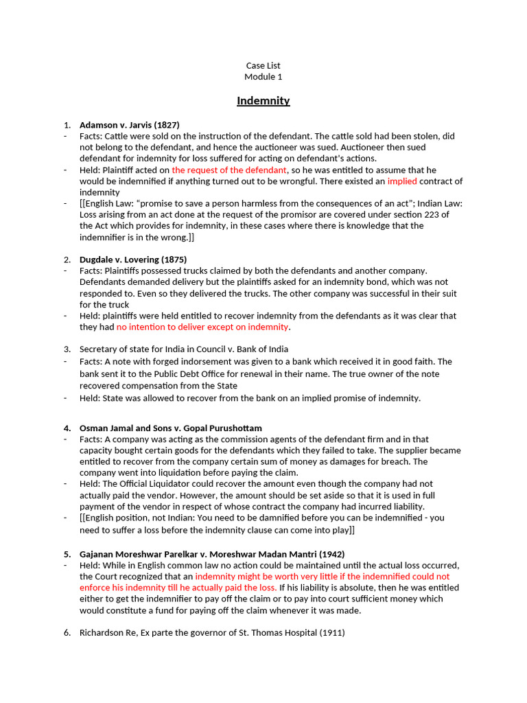 Contracts Mid-Sem Case List - Rheareddy | PDF | Guarantee | Indemnity
