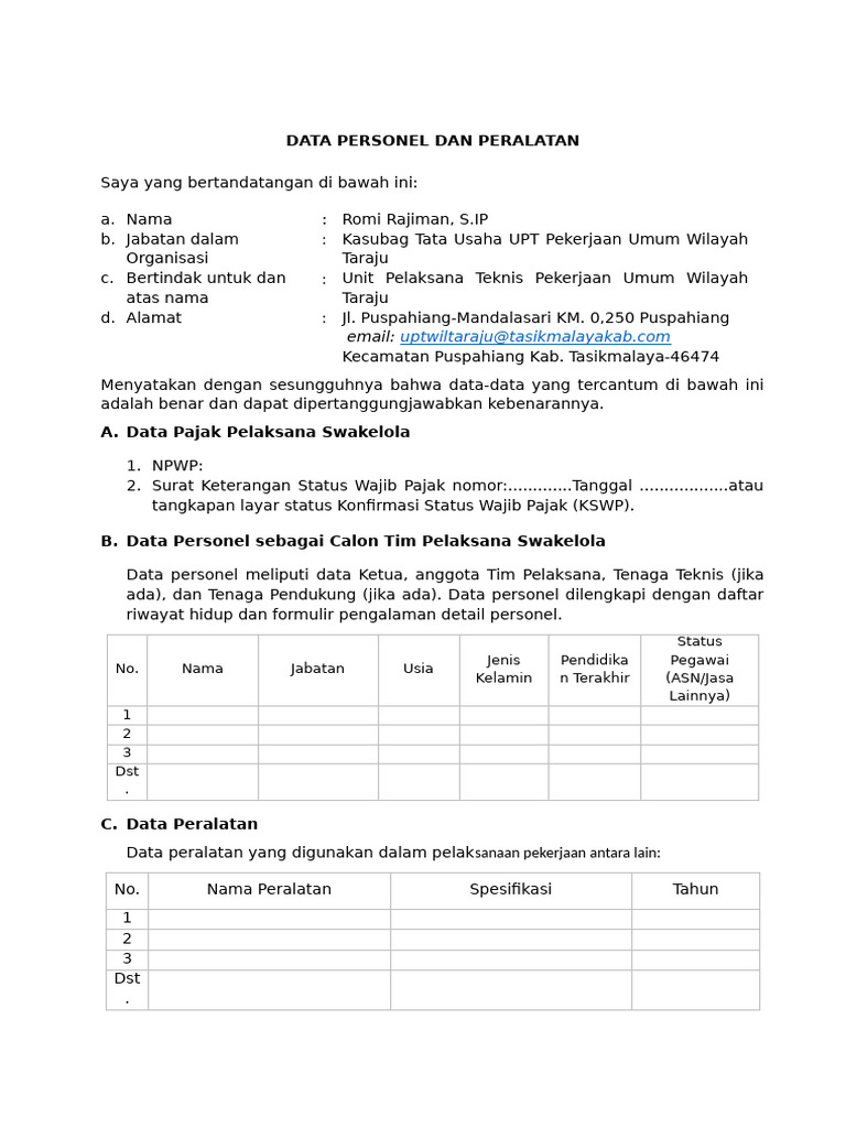 Data Personel Dan Peralatan | PDF