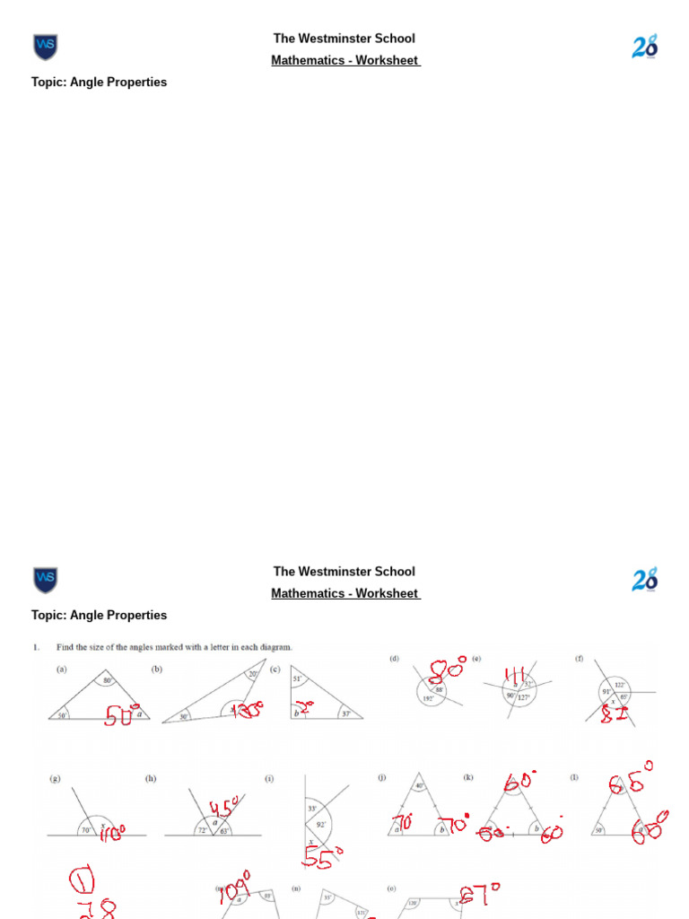Year 7 - Angle Properties Worksheet | PDF