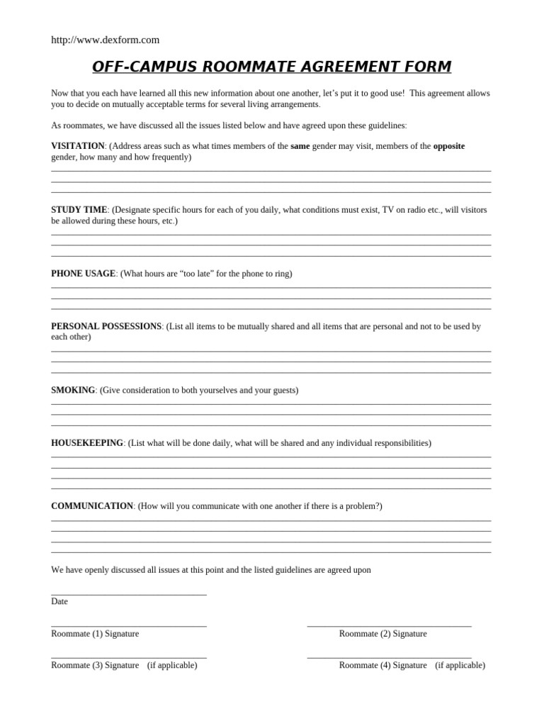 Off Campus Roommate Agreement Form | PDF