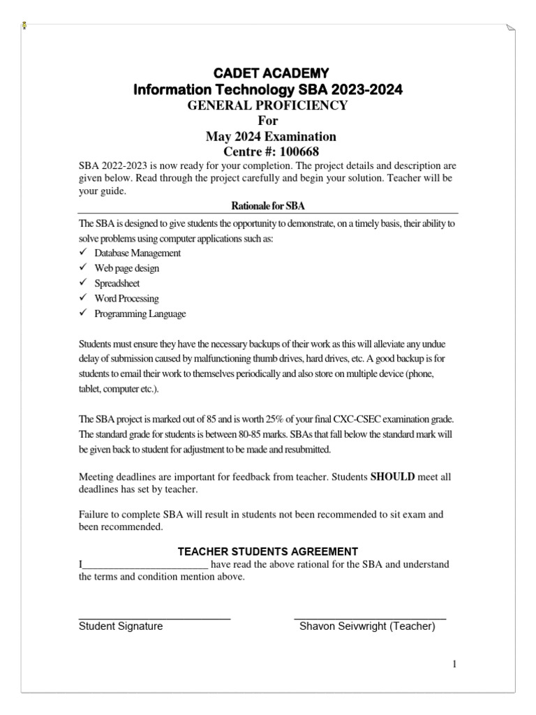 Sba Question 2023-2024 Cadet Academy | PDF