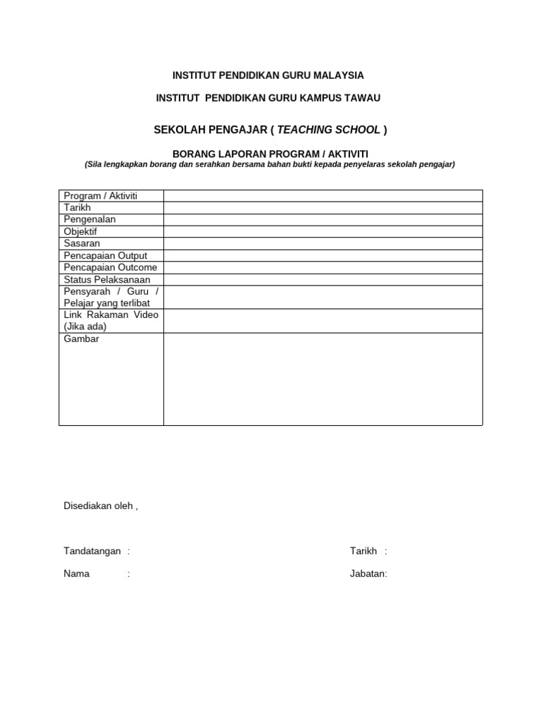 Contoh Pelaporan Sekolah Pengajar | PDF