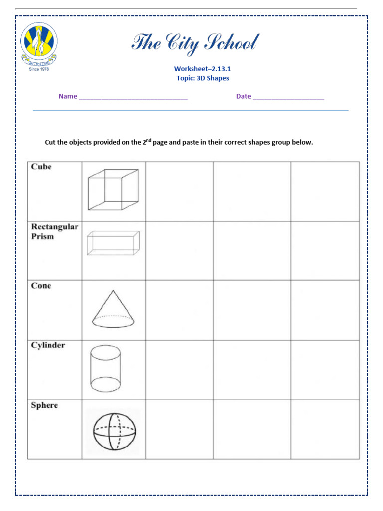 Class 3 Worksheet 2.13.1 - 3D Shapes | PDF