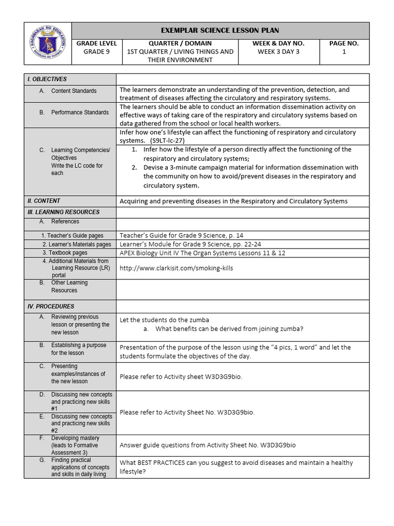 Grade Level Quarter / Domain Week & Day No. Page No.: Exemplar Science ...