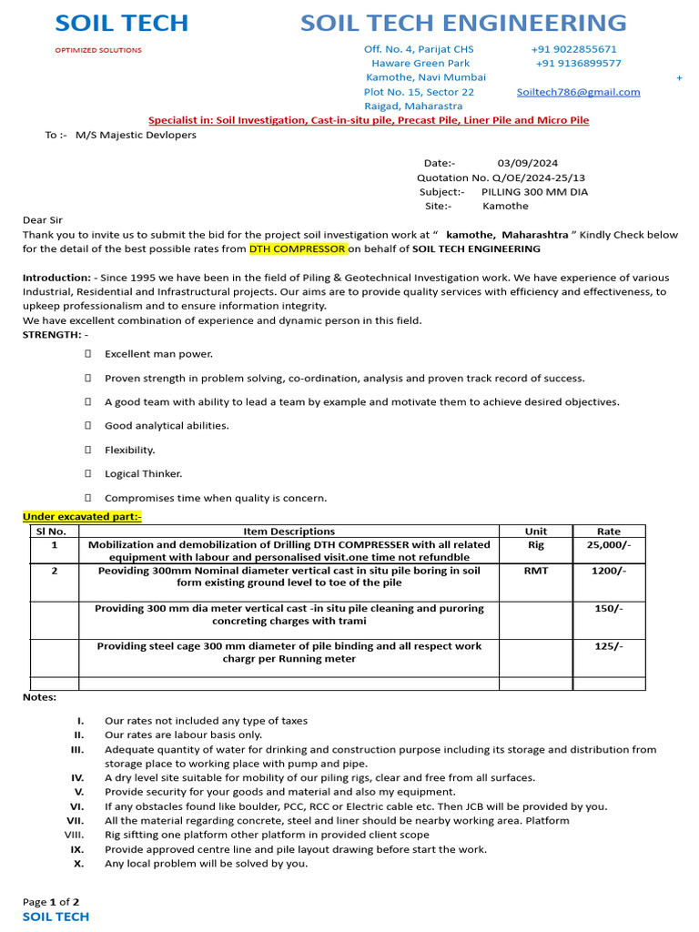 Q13 . Quotation for micro pile 300mm dia at kamothe majestic Devlopers ...