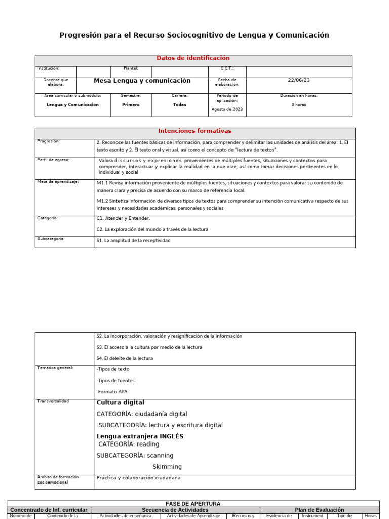 Progresión para El Recurso Sociocognitivo de Lengua y Comunicacion | PDF