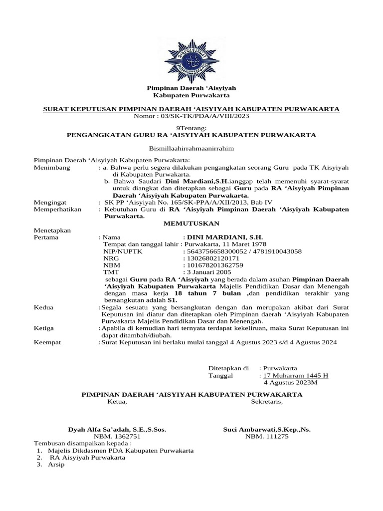 SK Guru RA Aisyiyah Revisi 1 | PDF