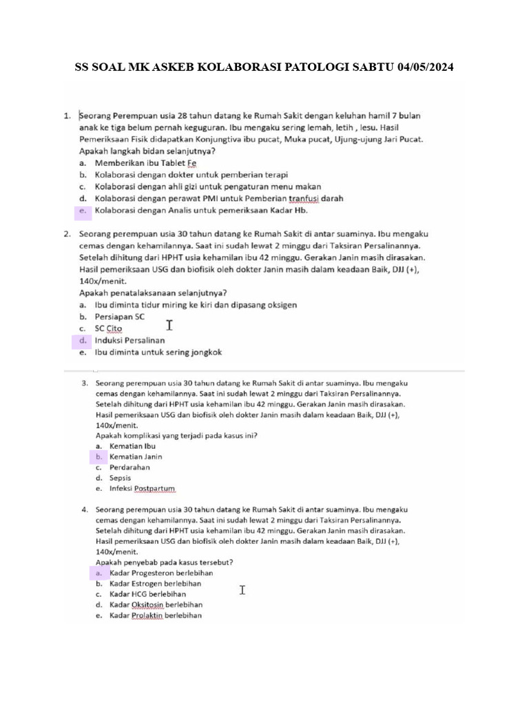 SS Soal MK Askeb Kolaborasi Patologi Sabtu 04 | PDF