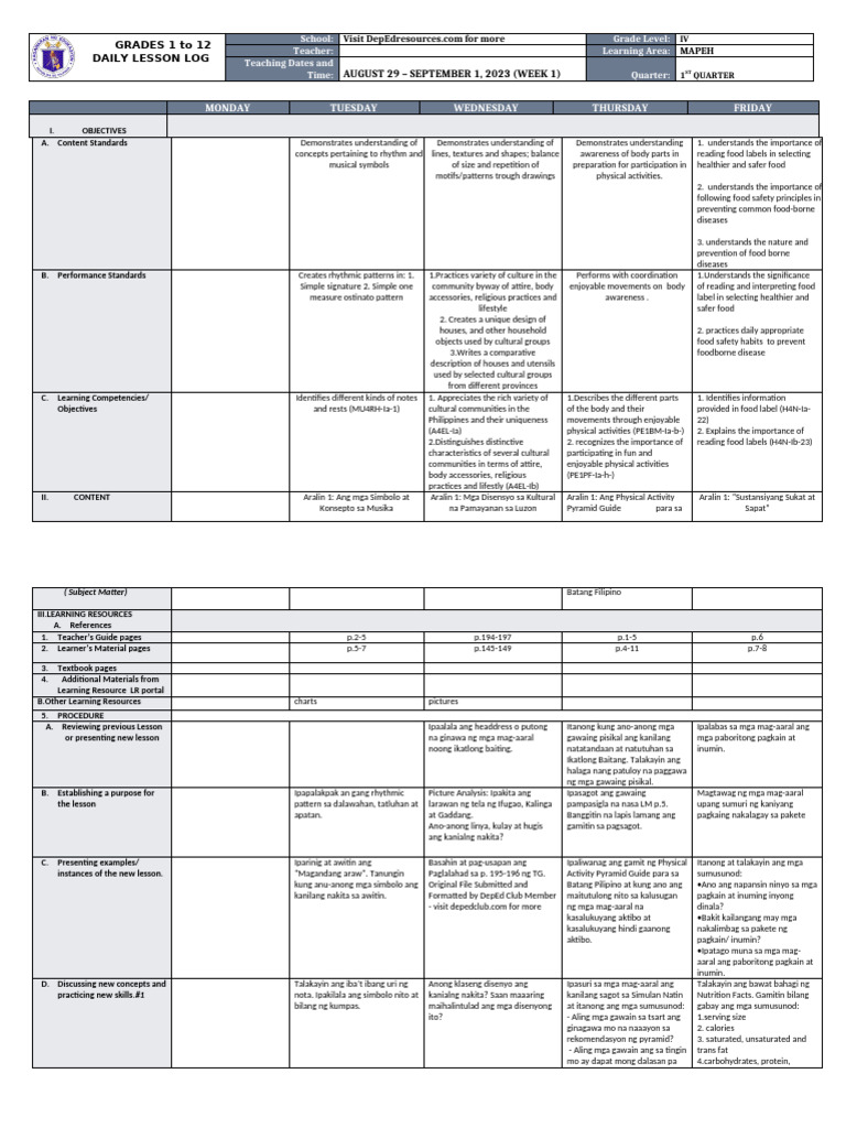 DLL - Mapeh 4 - Q1 - W1 | PDF