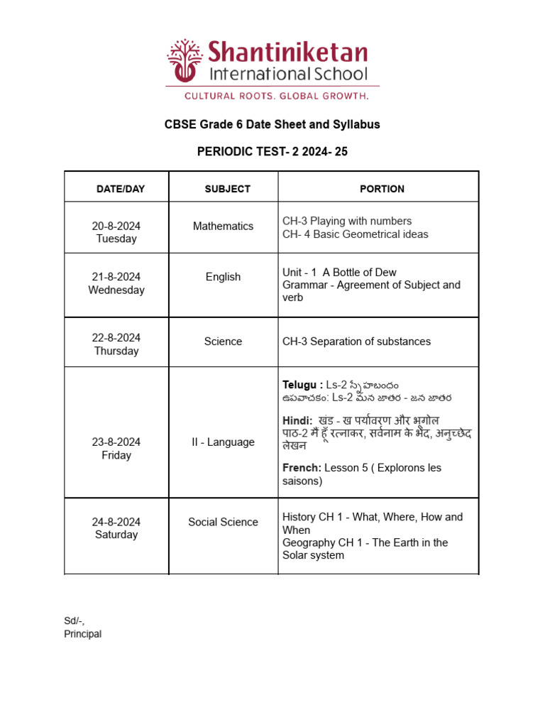 CBSE PT 2 - Grade 6B - Date Sheet - Syllabus 2024-25.docx-2 | PDF