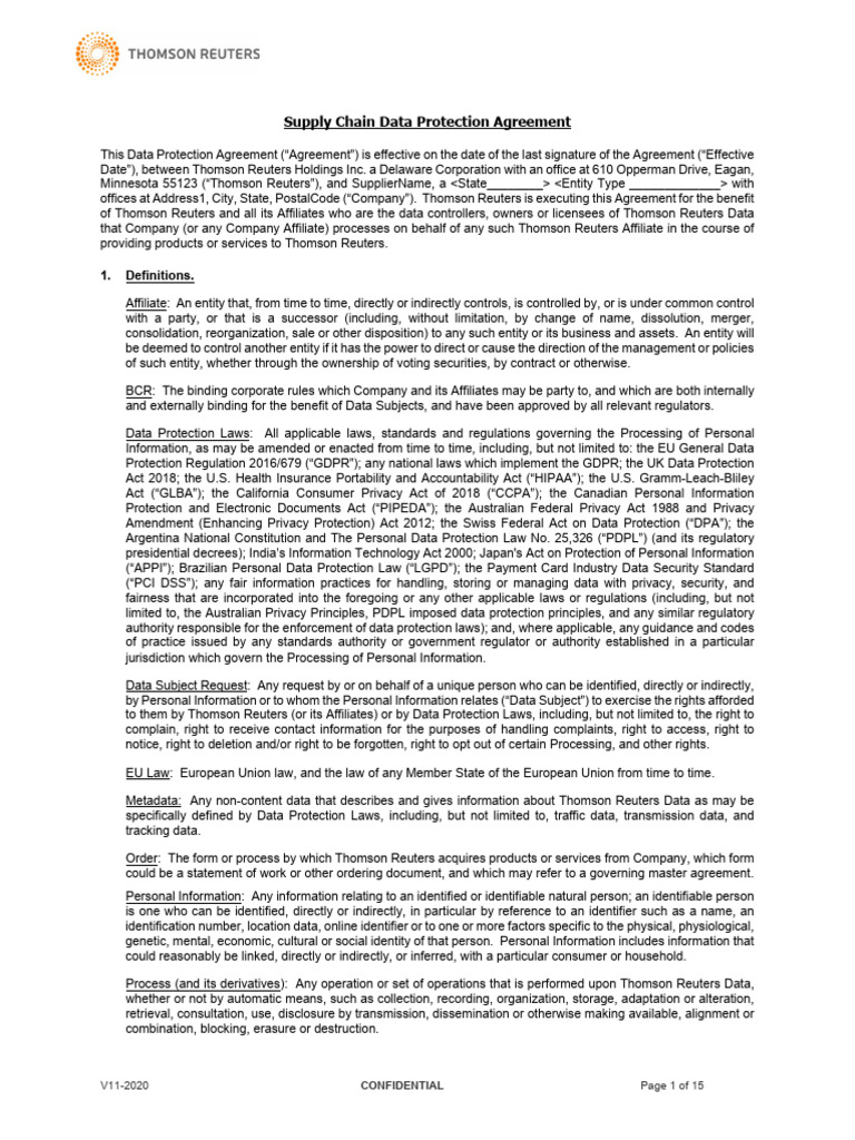 Supply Chain Data Protection Agreement | PDF | Breach Of Contract ...