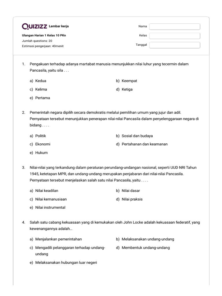 Ulangan Harian 1 Kelas 10 PKN - Quizizz | PDF