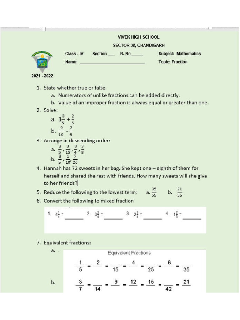 Fraction Worksheet | PDF