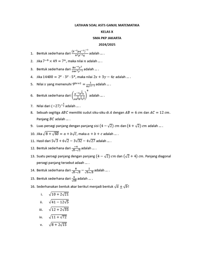 2425 X Latihan Soal ASTS Ganjil Matematika Wajib | PDF