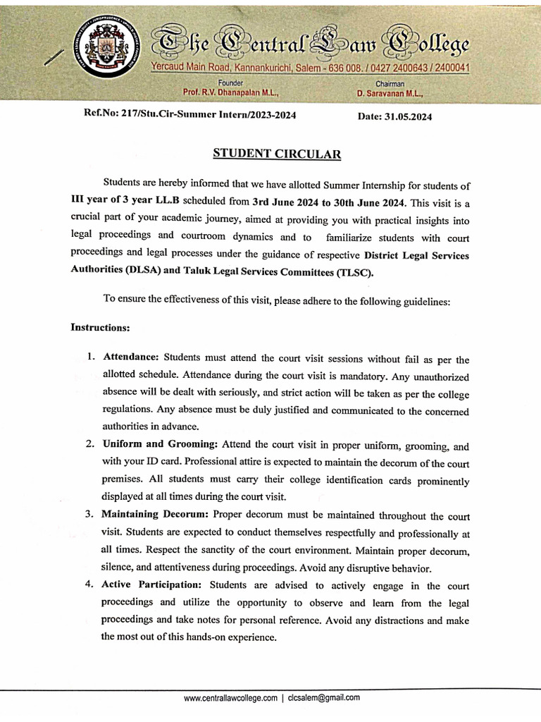 Court Visit - Guidelines - Circular - III LL.B 2024-25 | PDF