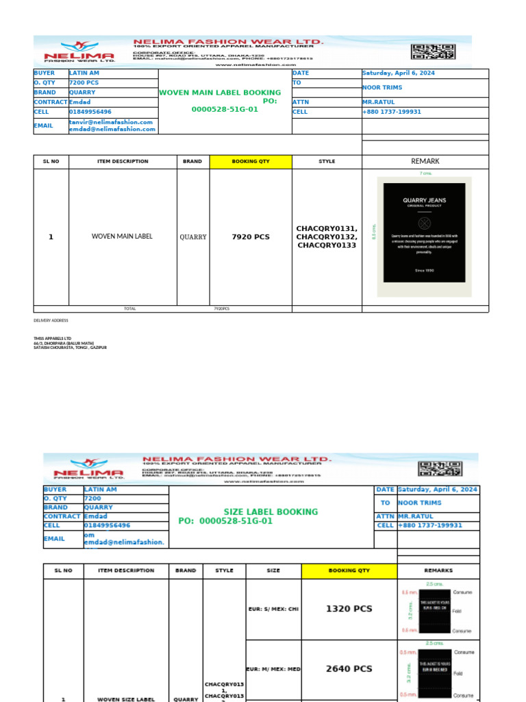 7200pcs Trims Booking Sheet | PDF