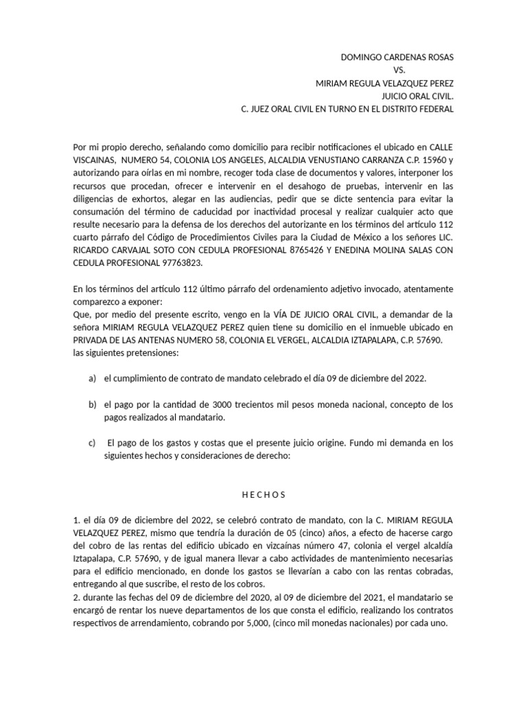 Modelo de Escrito de Demanda en Un Juicio Oral Civil | PDF | Demanda judicial | Sentencia (ley)