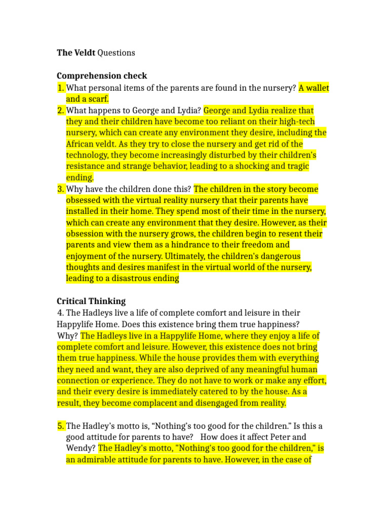 The Veldt Questions | PDF