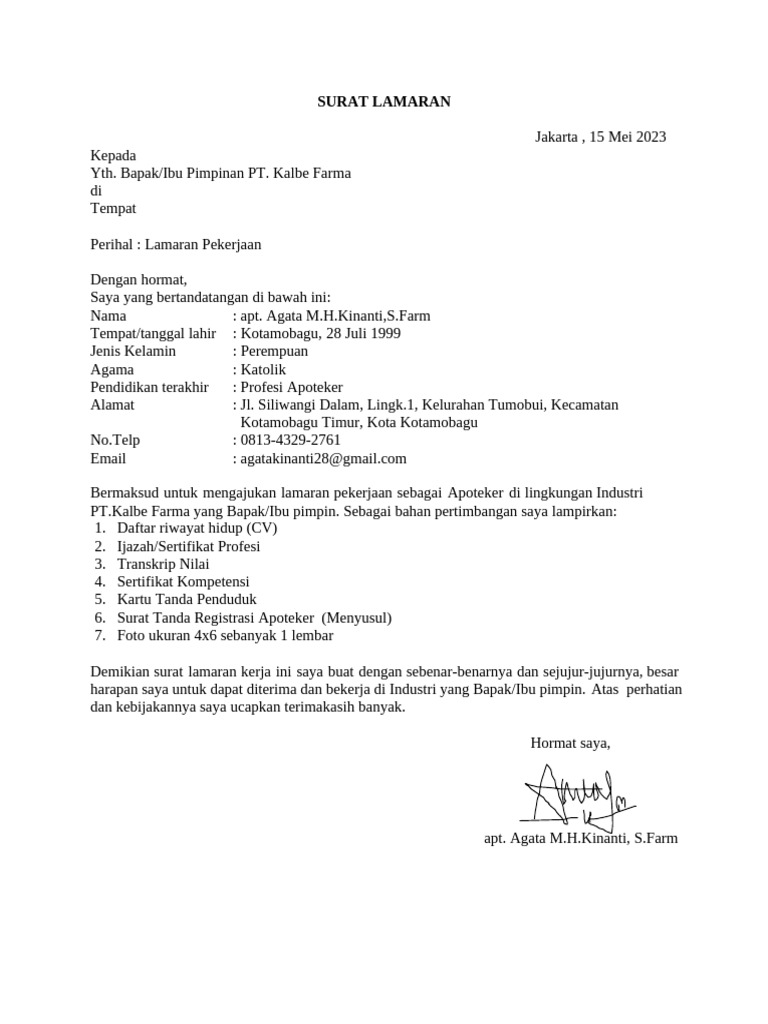 Surat Lamaran PT. Kalbe Mega Salinan Salinan | PDF
