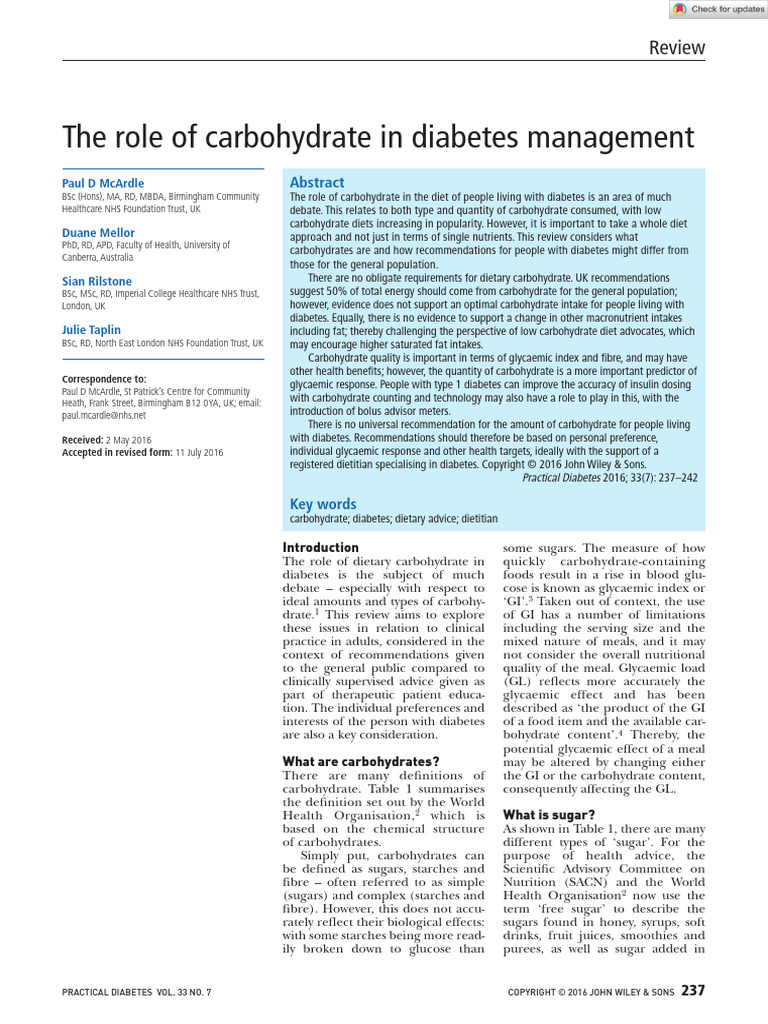 McArdle - 2016 The Role of Carbohydrate in Diabetes Management | PDF ...