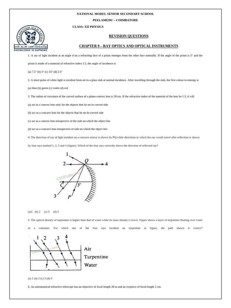 Revision Questions Chapter 9 - Ray Optics and Optical Instruments | PDF