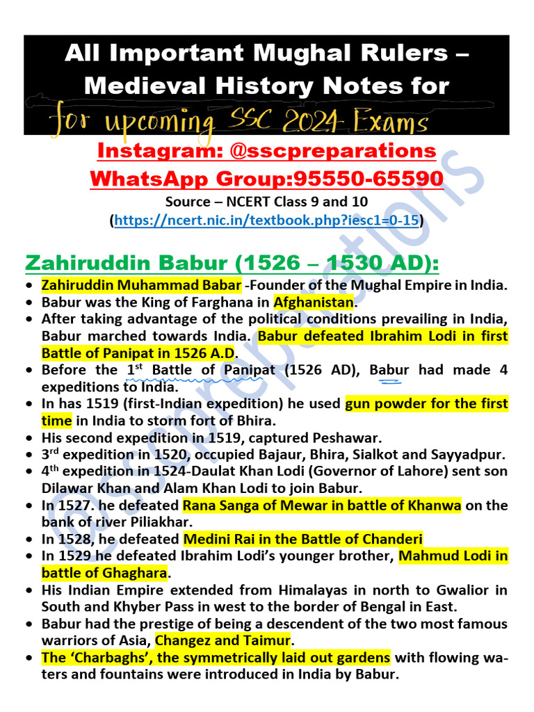 Mughal Rulers - Medieval History Notes For SSC 2024 Exams | PDF ...