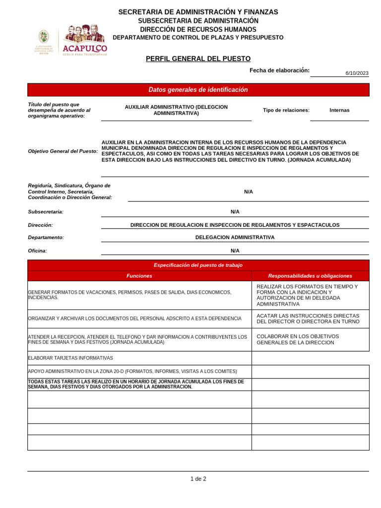 Perfil General de Puesto Virginia Roldan | PDF