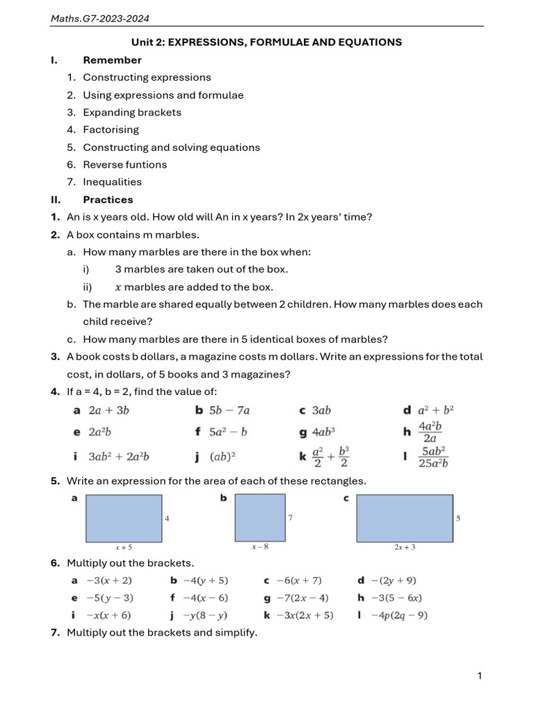 Unit 2. Expressions - Equations - Inequalities | PDF