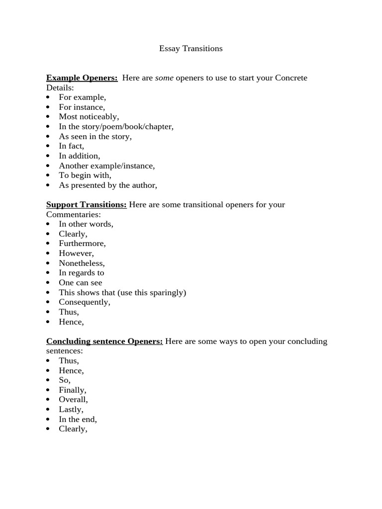 Essay Transitions. | PDF