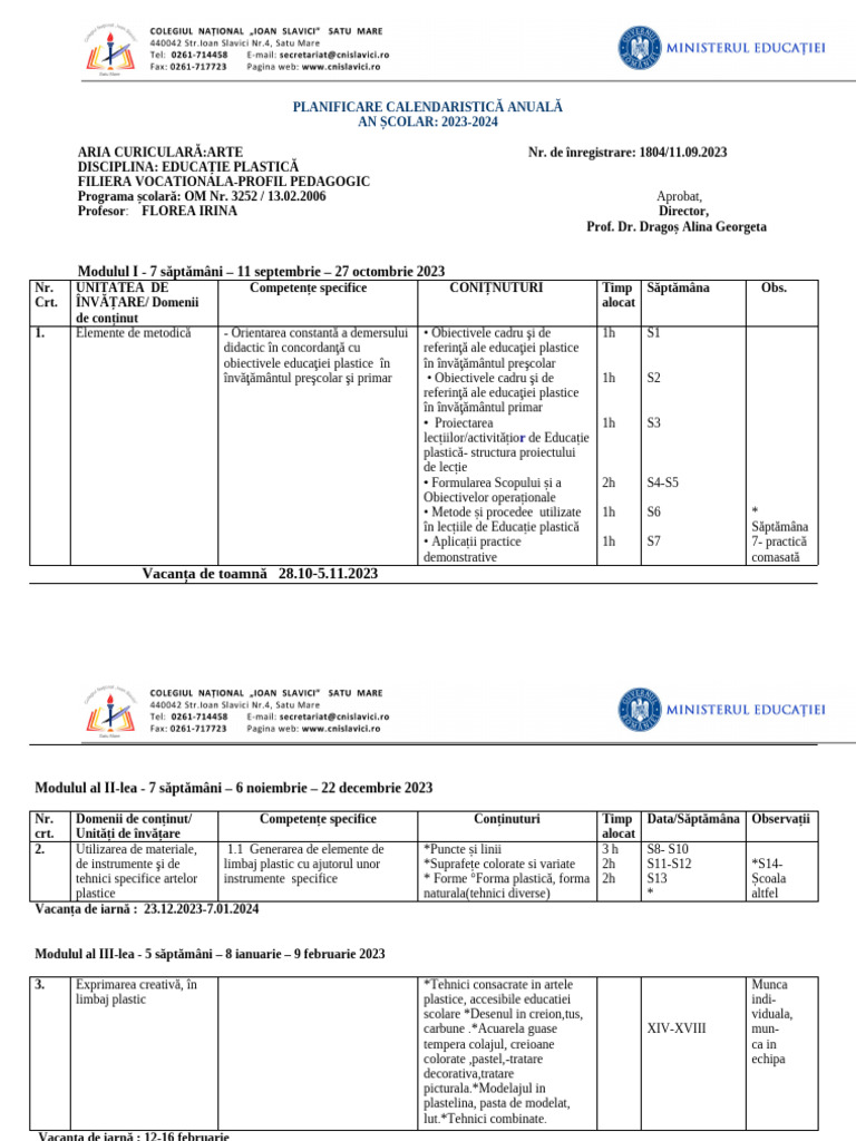Planificare Calendaristica Module Clasa A Xia Profil Pedagogic | PDF