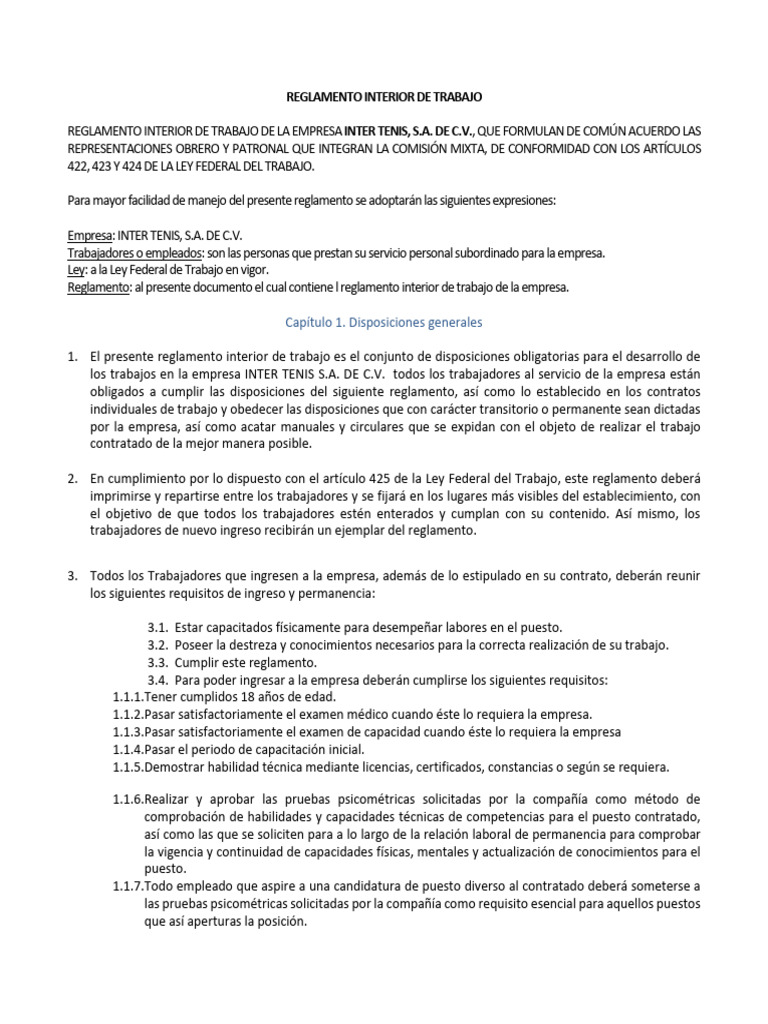REGLAMENTO INTERIOR DE TRABAJO INTER TENIS | PDF