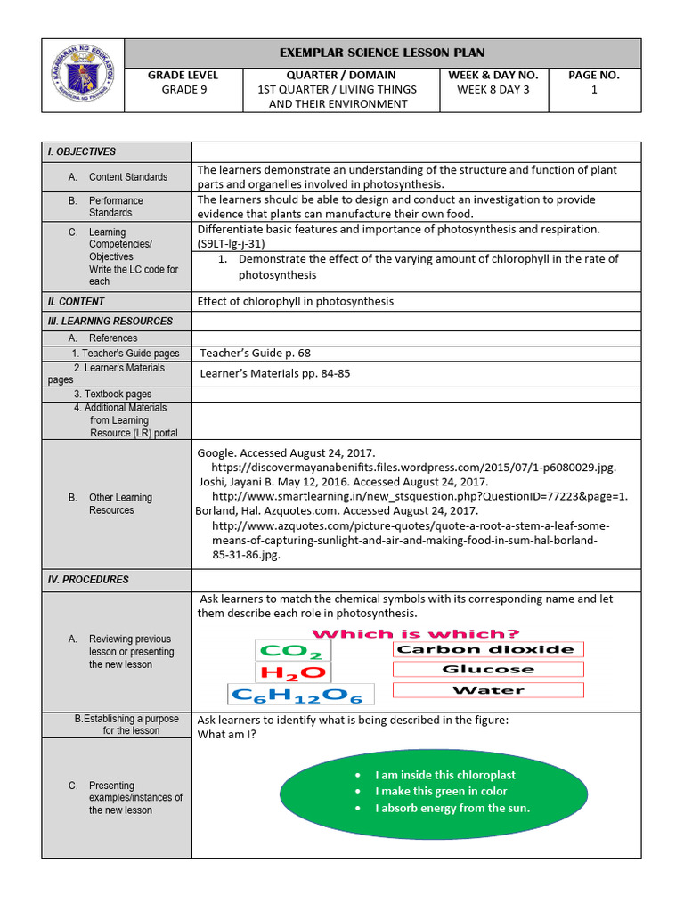 Grade Level Quarter / Domain Week & Day No. Page No.: Exemplar Science ...