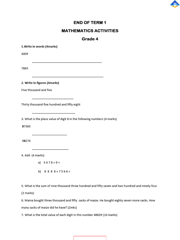Grade 4 End Term 1 Math Pdf