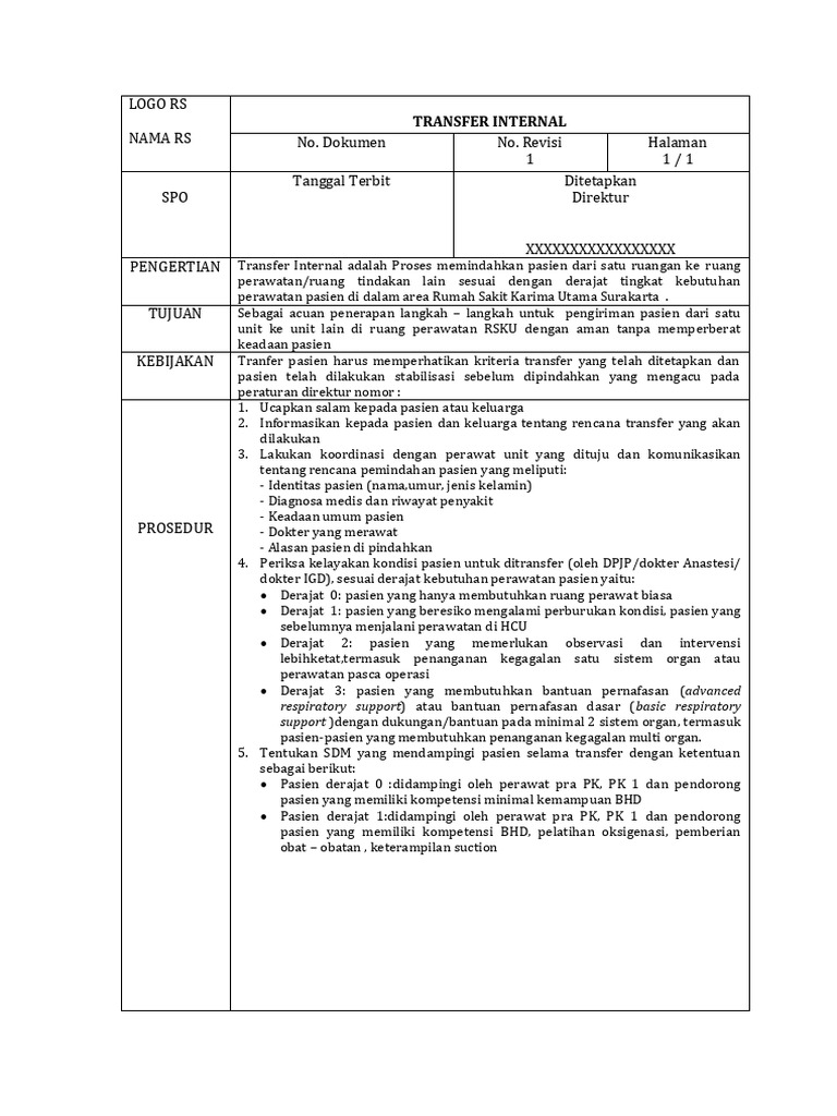 Prosedur Transfer Internal Pasien RS | PDF | Sains & Matematika