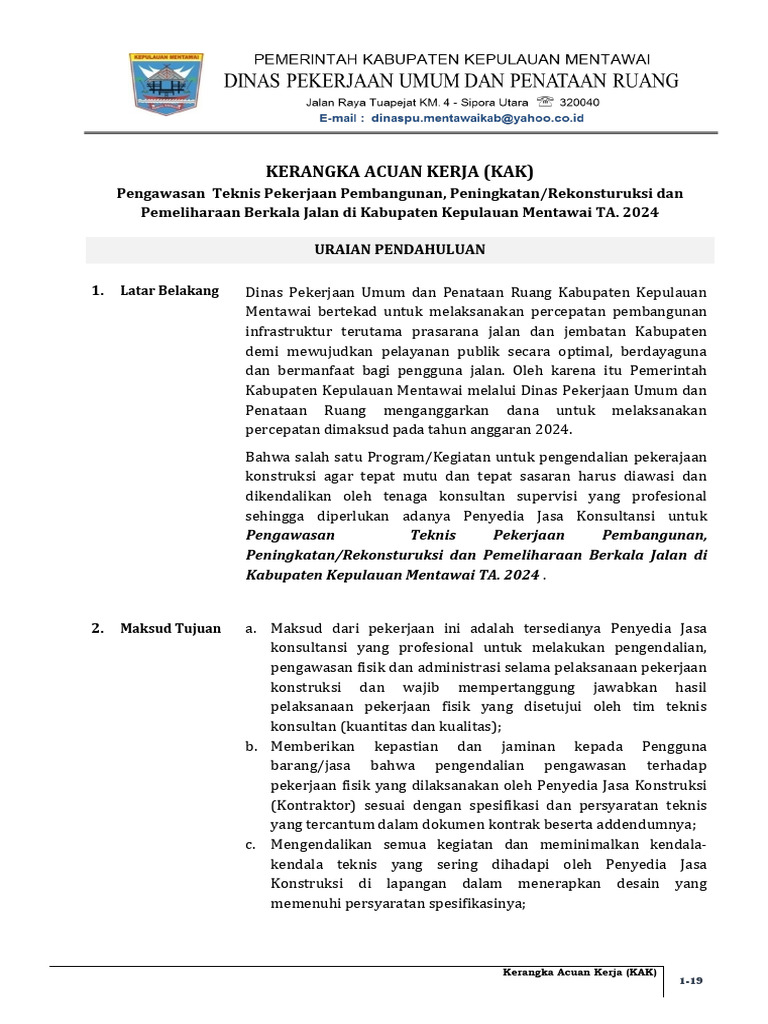 KAK Pengawasan Teknis Pekerjaan Pembangunan Jalan 2024 | PDF