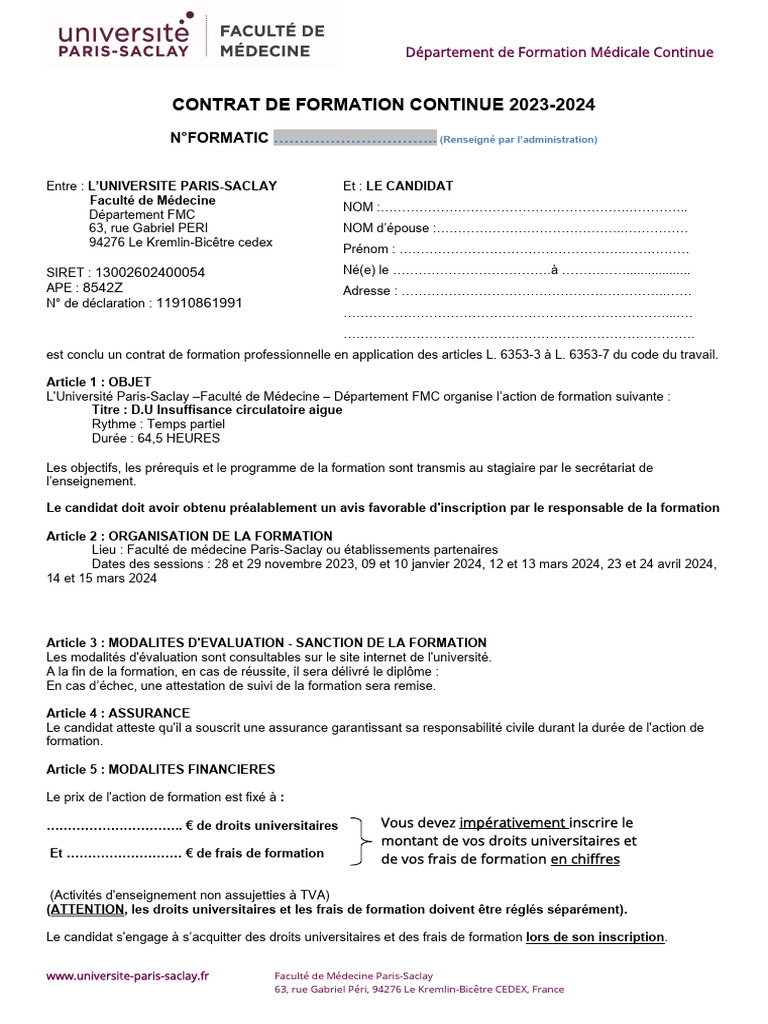 Contrat de Formation Continue 2023-2024: N°Formatic | PDF