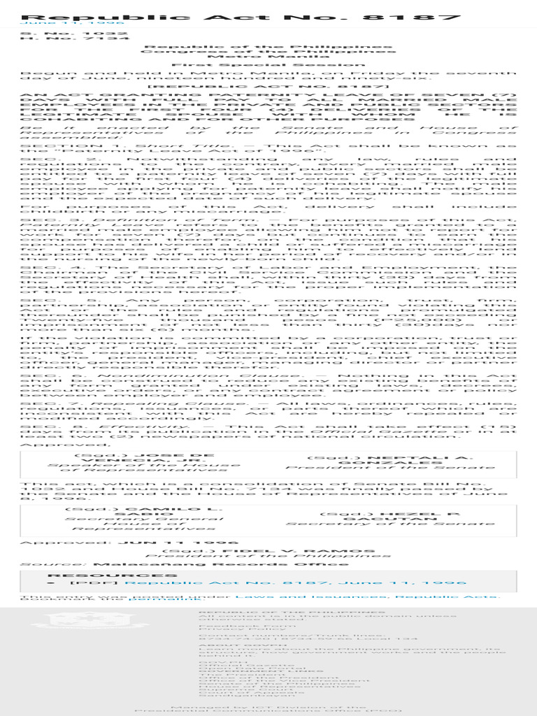 Republic Act No. 8187 Official Gazette of The R | PDF