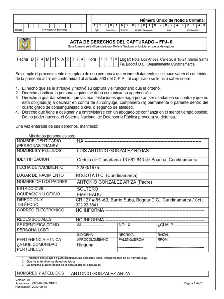 Acta de Derechos Del Capturado - FPJ-06 | PDF | Gobierno | Derecho