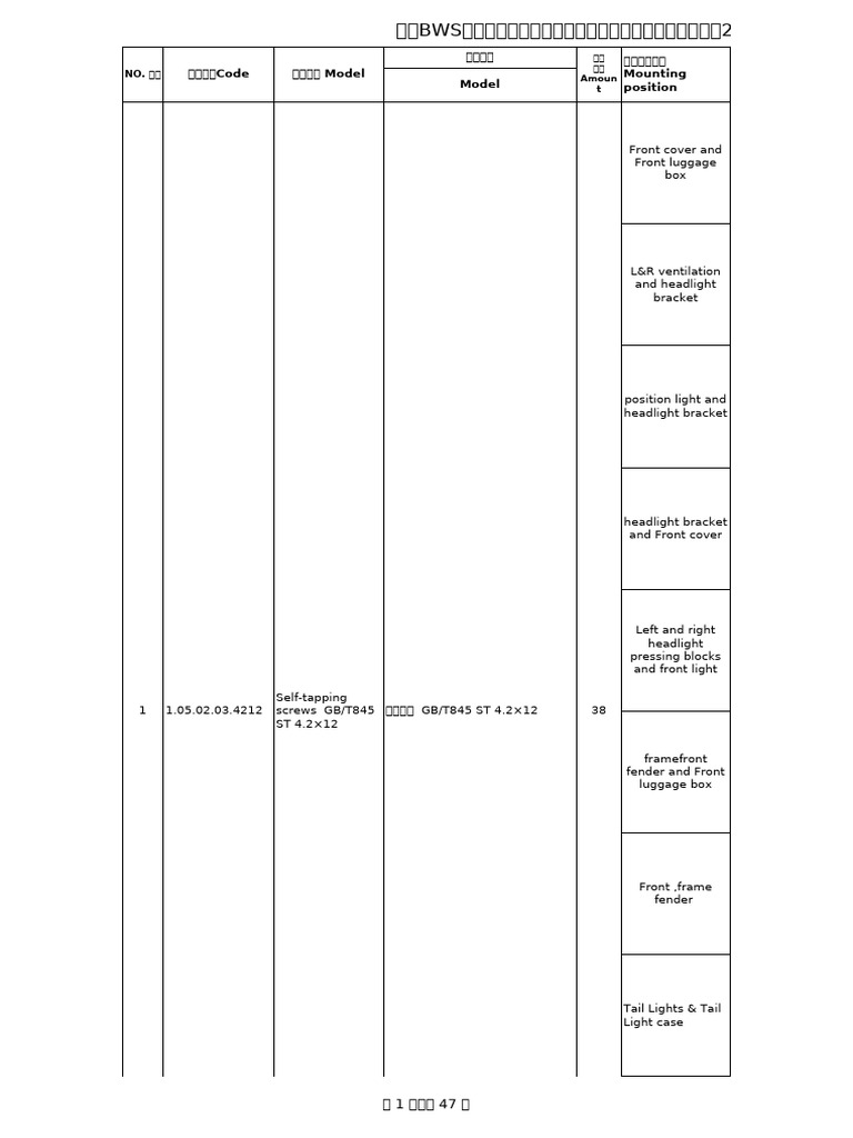 20230824校对 TERRA S standard parts list - BWS二代标件清单 | PDF