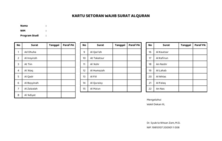 Form Setoran Alquran | PDF