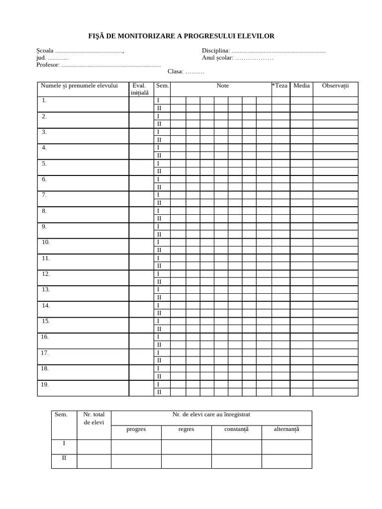 1 Fisa de Monitorizare A Progresului Elevilor | PDF
