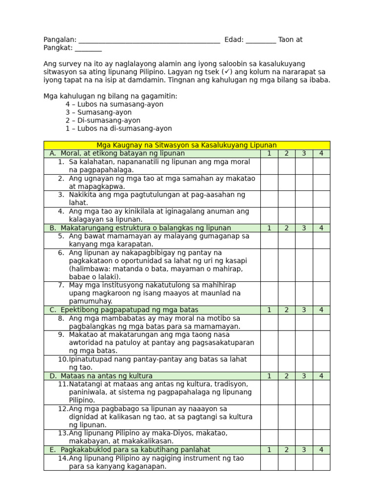 Survey NG Mga Kaugnay Na Sitwasyon Sa Lipunan | PDF