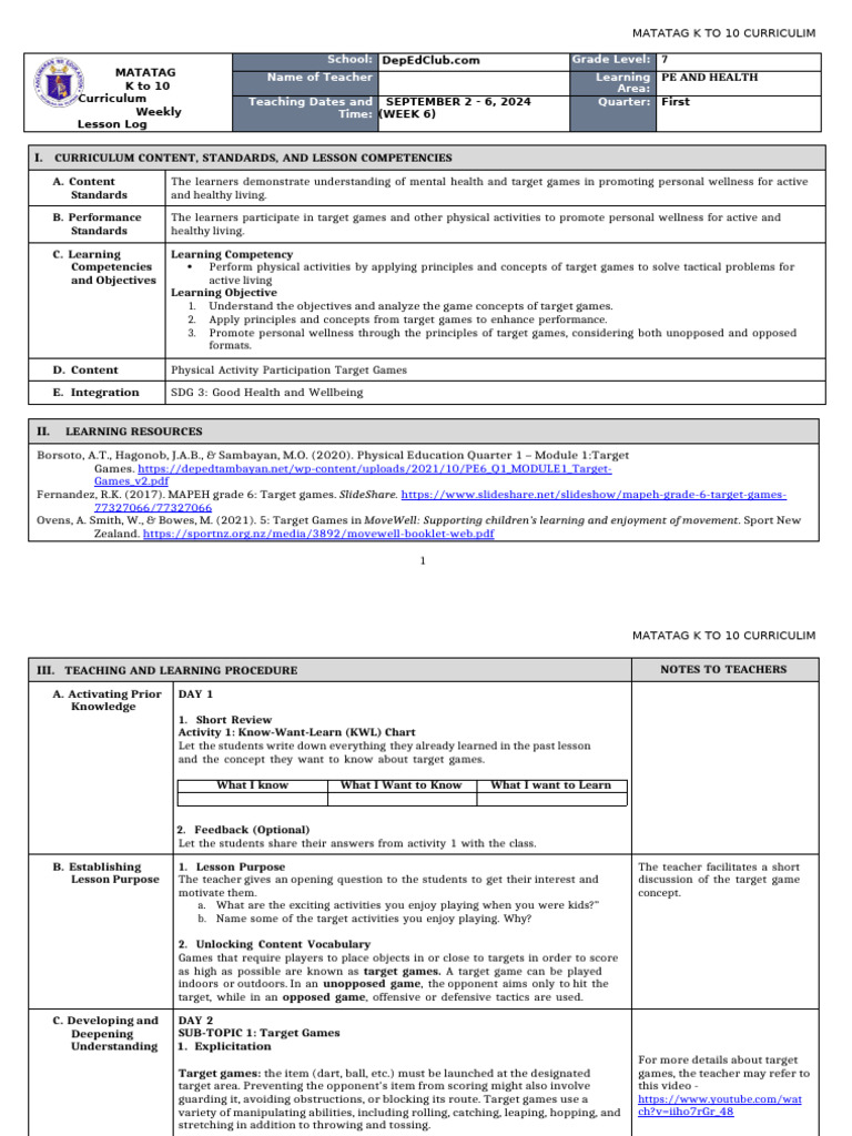 DLL Matatag - Pe & Health 7 q1 w4-6 | PDF