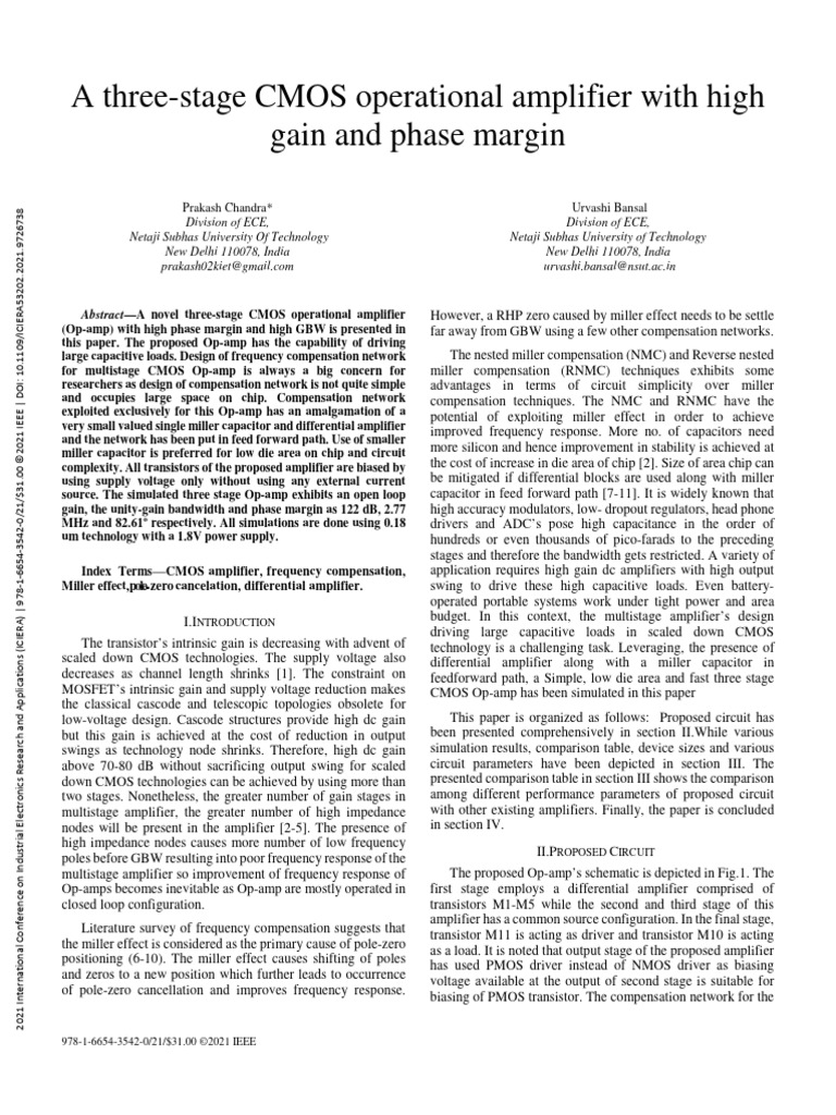A Three-Stage CMOS Operational Amplifier With High Gain and Phase ...