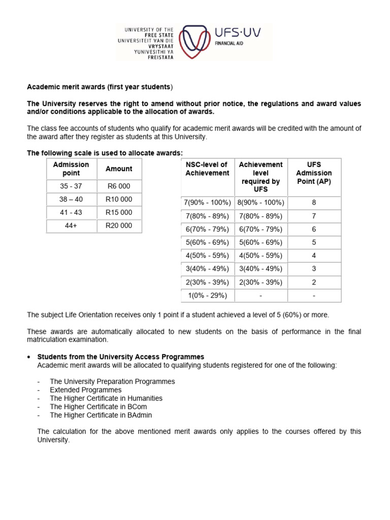 Academic Merit Bursaries First Years From Grade 12 | PDF | Educational ...