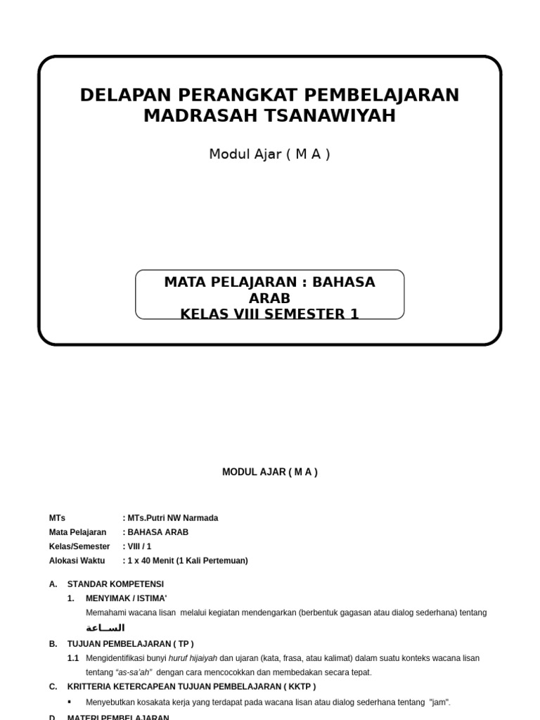 RPP Bahasa Arab MTs Kelas 8 Semester | PDF