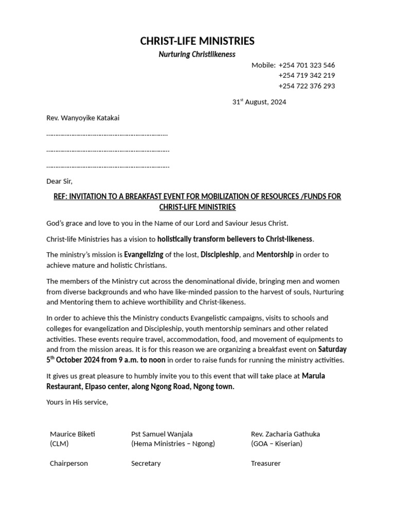 CHRIST LIFE MINISTRIES BREAKFAST INVITATION LETTER | PDF