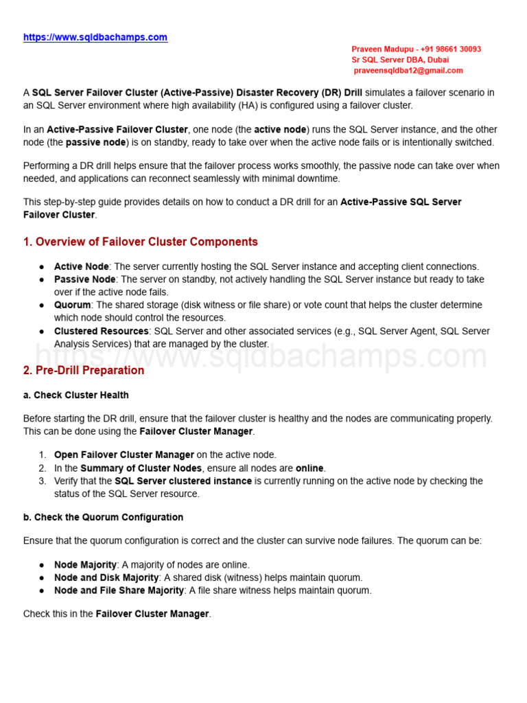 SQL Server Failover Cluster (Active-Passive) DR Drill | PDF | Computer Cluster | Microsoft Sql ...