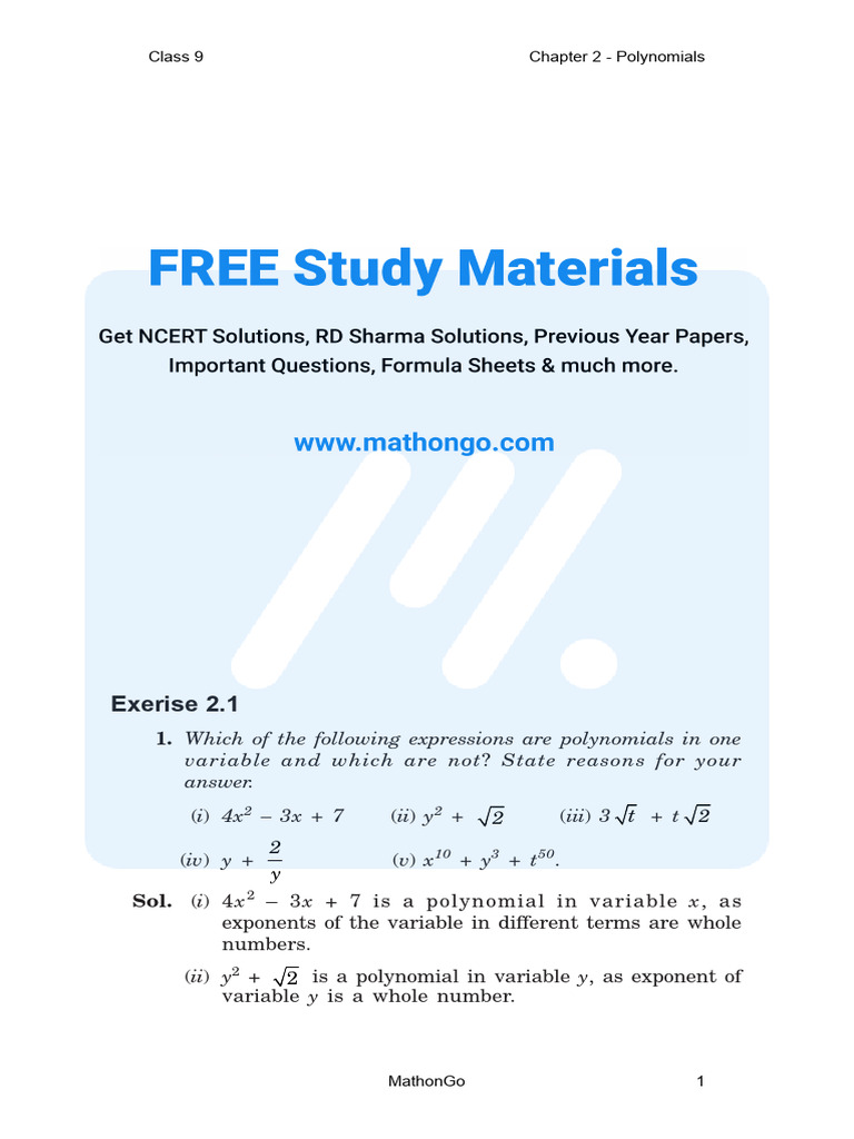 NCERT Solutions Class 9 Maths Chapter 2 Polynomials | PDF